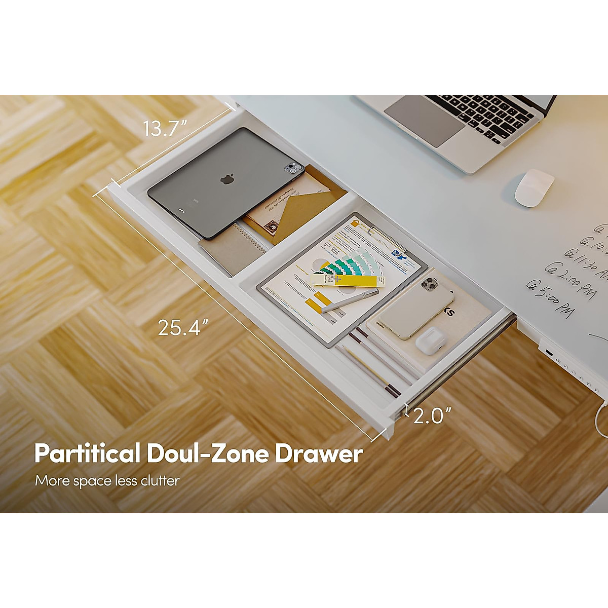 FEZIBO 55 × 24 Electric Standing Desk with Drawers, Whole-Piece Glass Adjustable Height Desk, One-Piece Quick Install Adjustable Sit Stand Desk, White