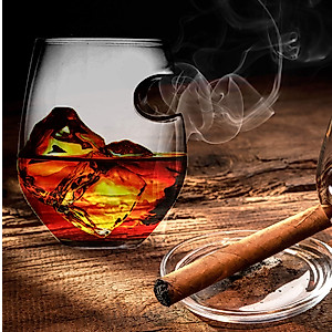 Bezrat Whiskey Cigar Glasses - Pack of 2-10 oz - Double Old Fashioned Round Tumbler With Side Mounted Cigar Holder Rest - Whiskey Glasses Christmas Gift (2 Pack)