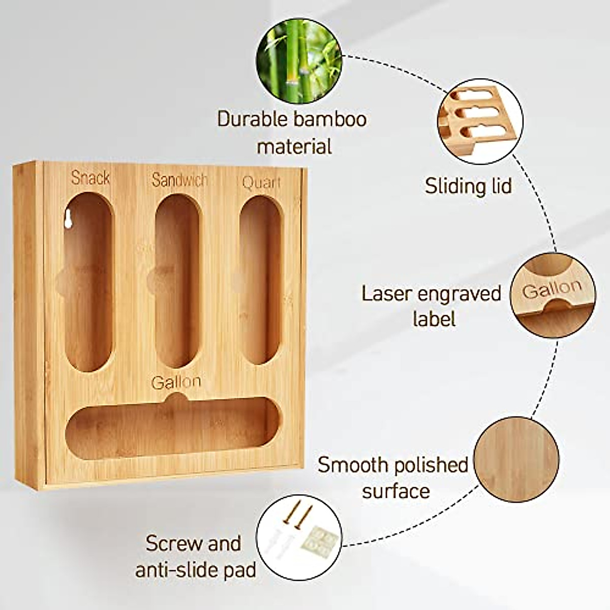 Headley Tools Ziplock Bag Organizer, Bamboo Organizer- Food Bags Container for Kitchen Drawer Baggie Dispenser & Holder Compatible with Gallon, Quart, Sandwich and Snack Variety Size Bag