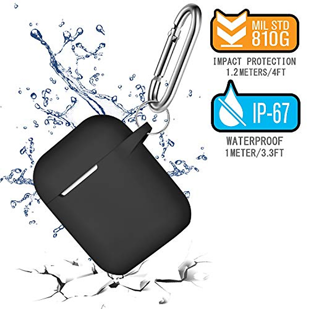 R-fun AirPods Case Cover, Soft Silicone Protective Cover with Keychain for Women Men Compatible with Apple AirPods 2nd 1st Generation Charging Case, Front LED Visible-Black