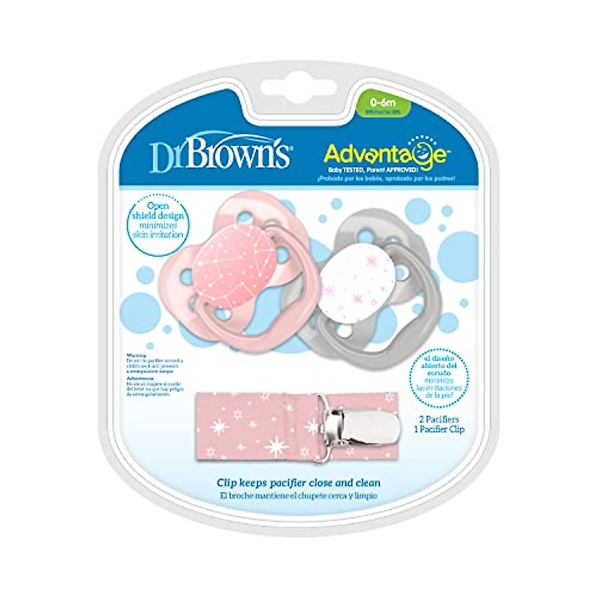 Dr. Brown's Advantage Symmetrical Pacifier with Air Flow & Pacifier Clip, Pink, 2-Pack, 0-6m