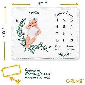 Griime Monthly Baby Milestone Blanket - Soft Milestone Blanket for Baby Boy & Girl - 300 GSM Thickness, Baby Month Blanket Kit with Chalkboard, Frames, Floral - Baby Monthly Milestone Blanket Gift.