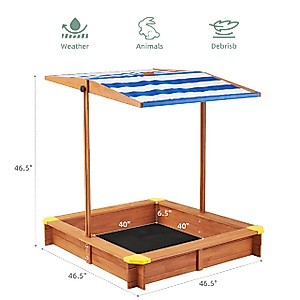 Kids Sandbox with Cover, 46.5" Wooden Sand Box w/Adjustable Canopy, Large Outdoor Cedar Sandpit for Backyard Play
