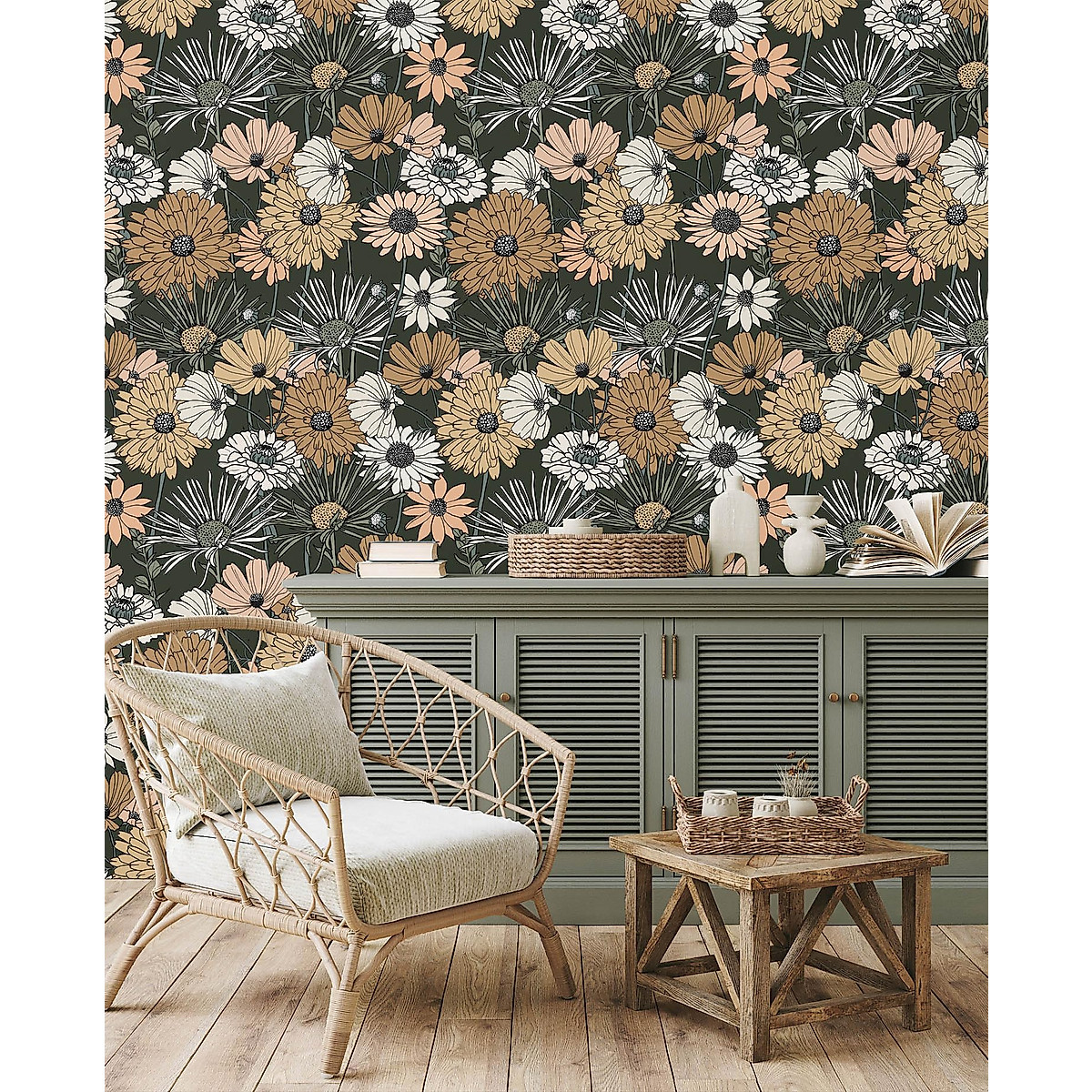 Akywall Vintage Green Floral Wallpaper Peel and Stick Textured Boho Flower Contact Paper Retro Self Adhesive Removable Vinyl Roll Daisy Leaf Mural Forest Green/Brown/White 17.3 x 78.7in