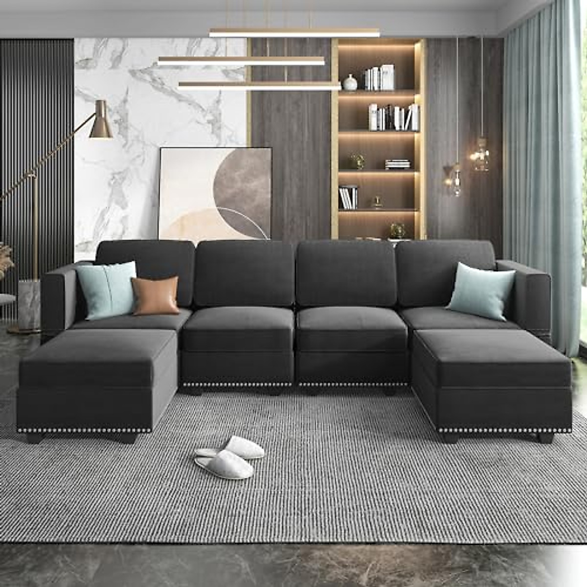 Mjkone Modular Sectional Sofa with Adjustable Armrest and Backrest for Living Room，U Shaped Couch 6 Seater Convertible Sectional Couch with Storage Ottoman -Dark Grey