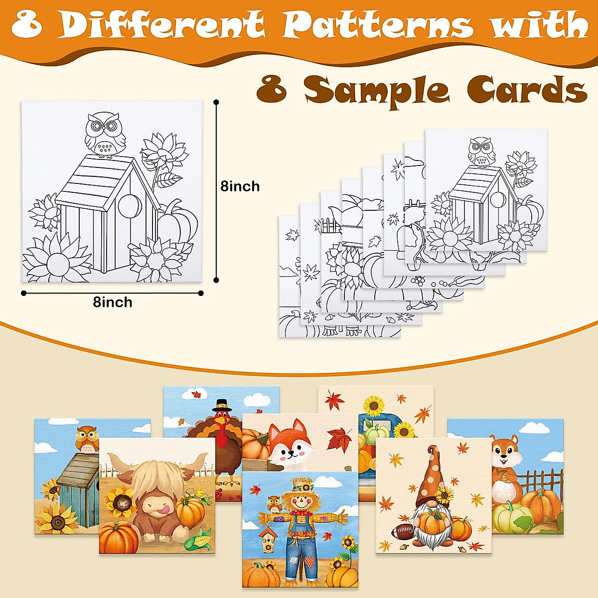8 Packs Animals Pre Drawn Canvases for Painting, 8" X 8" Thansgiving Day Theme Pre Printed Canvas for Kids, Pre Stretched Canvas Outline Painting Boards for Beginners Students, Party Favor
