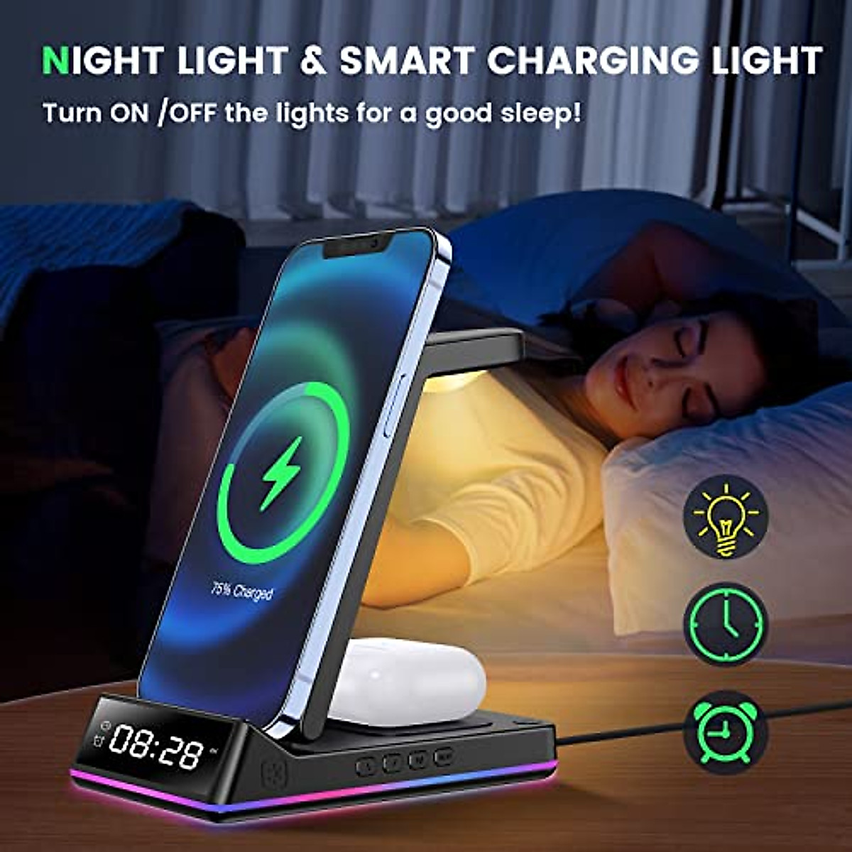 DLveer Wireless Charger - 3 in 1 Wireless Charging Station with Alarm/Clock/Night Light,Charger Stand for iWatch,Airpods Pro,iPhone 14/13/12/11 Pro/X/Xs Max/8 Plus/Samsung Phone(with 18W Adapter)