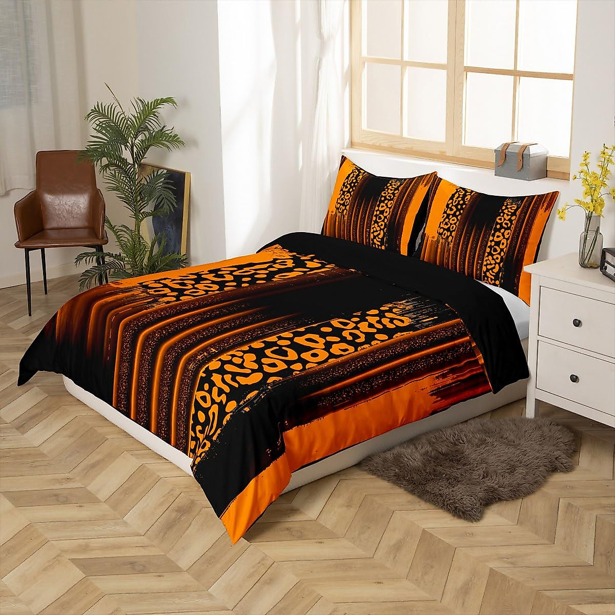 Feelyou Orange Black Reversible Bedding Set Queen Size Abstract Leopard Comforter Cover Set for Kids Adults Ombre Stripes Duvet Cover Modern Art Bedspread Cover Room Decor 3Pcs with 2 Pillow Case