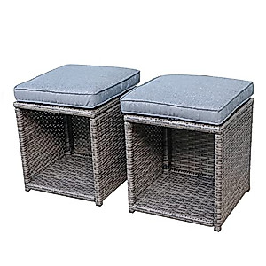 Verano Garden Patio Storage Ottomans, All Weather Wicker Ottoman Set with Removable Cushions, Outdoor Footstool footrest seat for Backyard, Garden, Poolside, Set of 2 (Grey)
