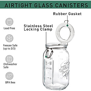 Tebery 4 Pack Clear Wide Mouth Glass Mason Jars with Airtight Clamp Lids, 32Oz Glass Storage Containers Large Kitchen Canisters for Food, Flour, Pasta, Coffee, Candy, Dog Treats, Snacks & More