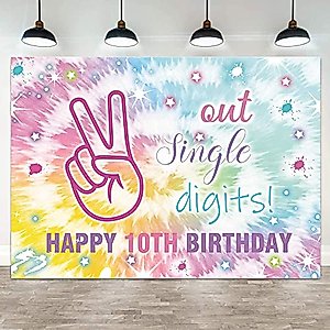 Hilioens 7×5ft Out Single Digits Happy 10th Birthday Backdrop Tie Dye Rainbow Girls Birthday I'm 10 Background for Photography Girls Tenth Birthday Party Banner Decorations