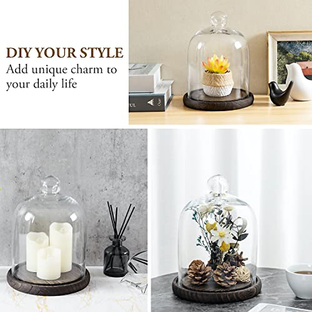 MyGift Clear Cloche Glass Dome, Display Bell Jar with Top Handle and Rustic Brown Solid Wood Base