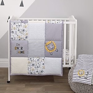 Little Love By Nojo Roarsome Lion, Grey, Yellow, White 3Piece Nursery Mini Crib Bedding Set With Comforter, 2 Fitted Mini Crib Sheets, Yellow, Grey, White, Charcoal