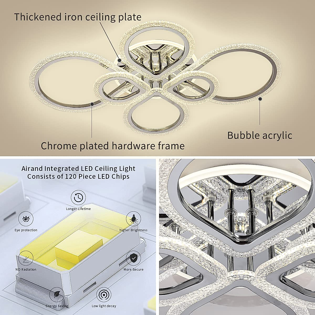 Modern Ceiling Light Fixture LED Chandelier Remote Control Dimmable 3000K-6500K Metal Polished Acrylic Flush Mount Lamp Suitable Living Room Bedroom Dining Room Kitchen (Polished Chrome, 6 Rings)