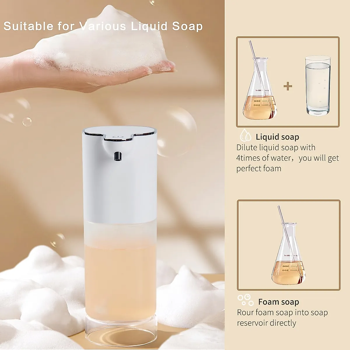 Vuswikoti Automatic Foaming Soap Dispenser, Rechargeable, Touchless Foam Soap Dispenser, Hand & Dish Soap Dispenser with Motion Sensor for Bathroom, Kitchen