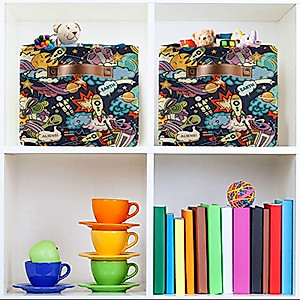 xigua Cartoon Space Rocket Storage Basket Collapsible Toy Storage Bins Waterproof Canvas Storage Basket with Leather Handles for Home Closets Offices,Bedrooms,Kids Toy and Gift Baskets,2PCS