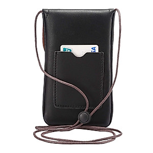 TECHCIRCLE Cell Phone Neck Pouch PU Leather Carrying Bag with Credit Card Holder Adjustable Strap, Small Travel Purse for iPhone 11 XR XS Max SE 8 7 6 Plus, Galaxy S10 S7 Edge A10 J7, Moto G6 (Black)