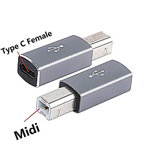 QIANRENON USB C to B Print Converter Type C to MIDI Digital Interface Adapter, Connect Keyboard to Mobile Phone via OTG, for Printer, Electric Piano, Silver Gray, 2 pcs