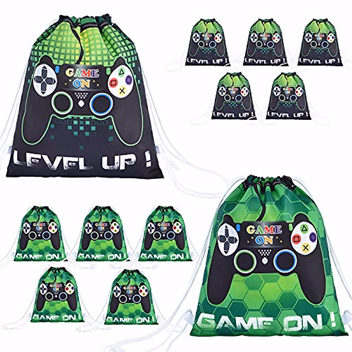 WERNNSAI Video Game Party Loot Bags - 12 Pack 10'' x 12'' Game On Theme Gifts Bags for Boys Drawstring Backpack Goodie Candy Favor Bags Birthday Party Supplies