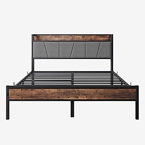 Shuoya Jewelry Queen Size Metal Platform Bed Frame with Storage and Charging Station Headboard, Heavy Duty Steel Slated Support, No Box Spring Needed, Noise-Free, Easy Assembly, Rustic Brown (Queen)