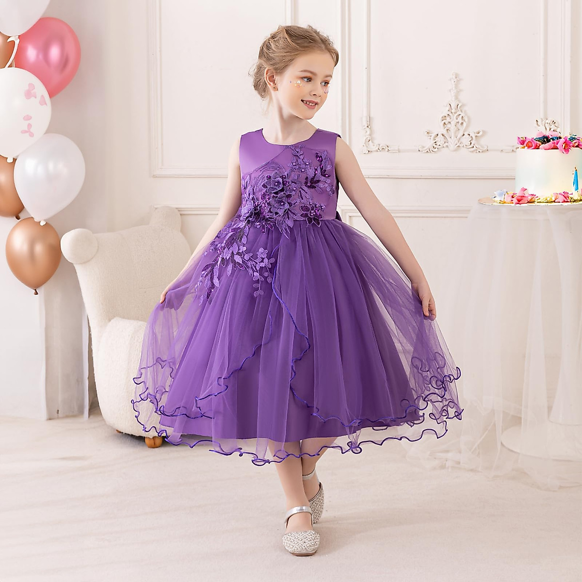 LENEFU Baby Girl Princess Bridesmaid Pageant Gown Birthday Party Wedding Dress Sleeveless Party Dresses Girl Clothes (Purple 140)