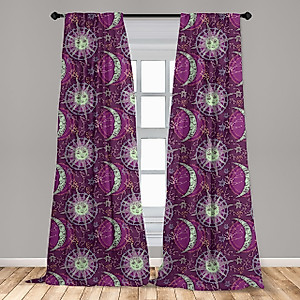 Lunarable Sun and Moon Window Curtains, Celestial Fantasy Composition with Constellations on Purple Backdrop, Lightweight Decor 2-Panel Set with Rod Pocket, Pair of - 28" x 63", Multicolor