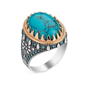 Retro Simulated Oval Turquoise Statement Ring Uniquely Stylish Gothic Hip Hop Punk Promise Crystal Cocktail Ring Party Jewelry Gifts for Women Gold Silver Two Tone