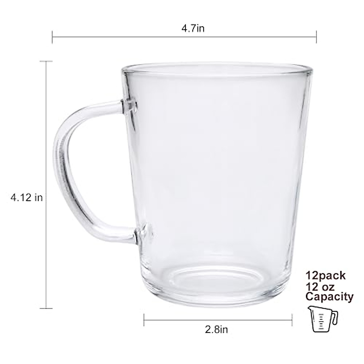 Cadamada Glass Coffee Mugs, 12oz Glass Coffee Cups with Handle for Coffee,Latte, Cappuccino, Tea, Fruit Juice, Water, Office, Set of 12