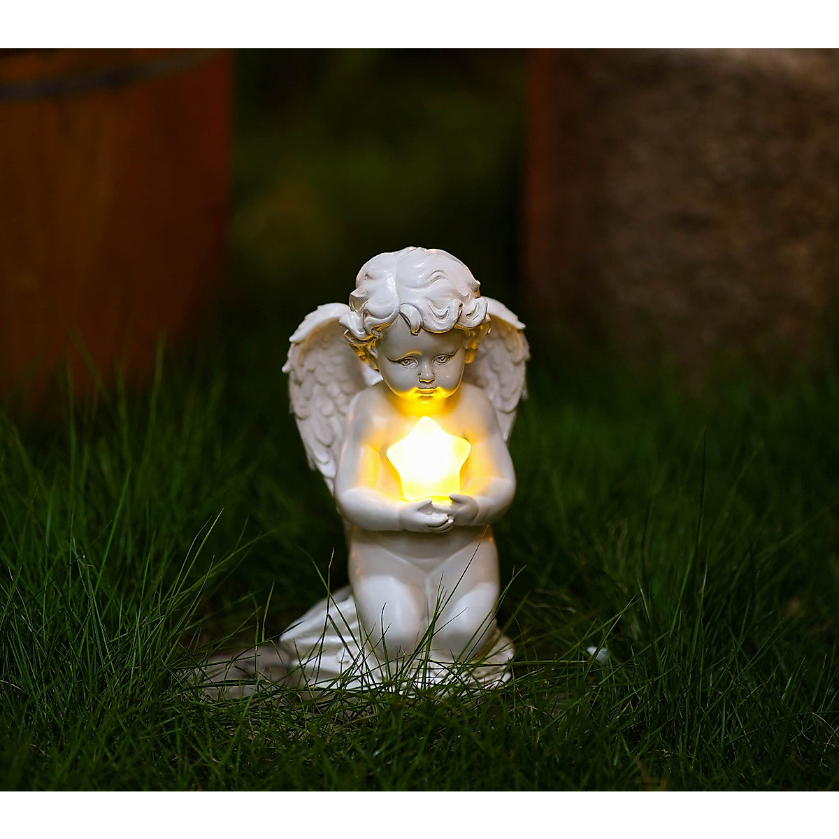 HONGRUIART Solar Powered Cherub Angel Light, Kneeling Praying Cherub Angel Statue with Solar Star Lights Garden Angel Decor for Home Outdoor Patio Lawn Mother's Day Remembrance Gifts