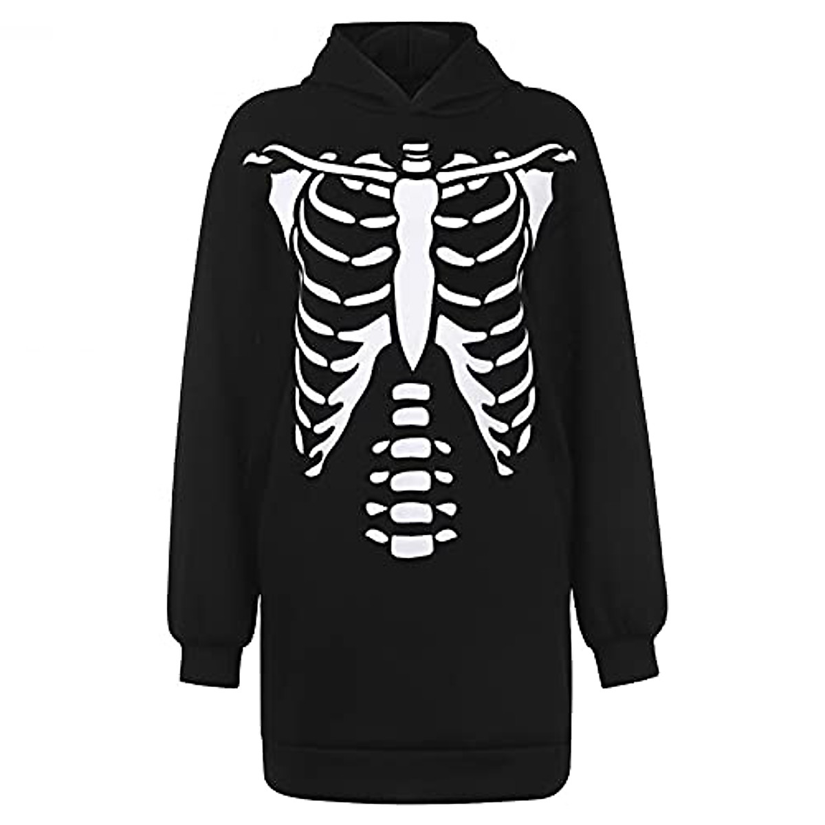 LINASHI Black Skeleton Hoodie Dress for Women Girl Halloween - Long Sleeve Pumpkin Skull Hooded Sweatshirt Pullover with Pocket (C, XXL)