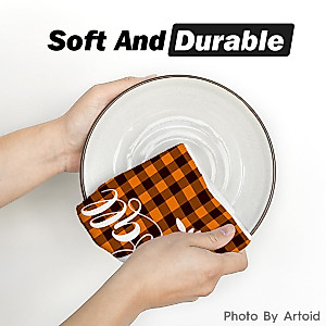 Artoid Mode Buffalo Plaid Pumpkin Hello Fall Kitchen Towels Dish Towels, 18x26 Inch Eucalyptus Leaves Decoration Hand Towels Set of 2