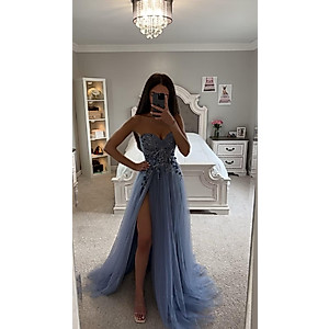 CWOAPO 3D Appliques Teen Girl Prom Dresses Plus Size Birthday Dress for Women Dexy Glitter Tulle Ball Gown with Slit Blue Dress for Wedding Guest US24W