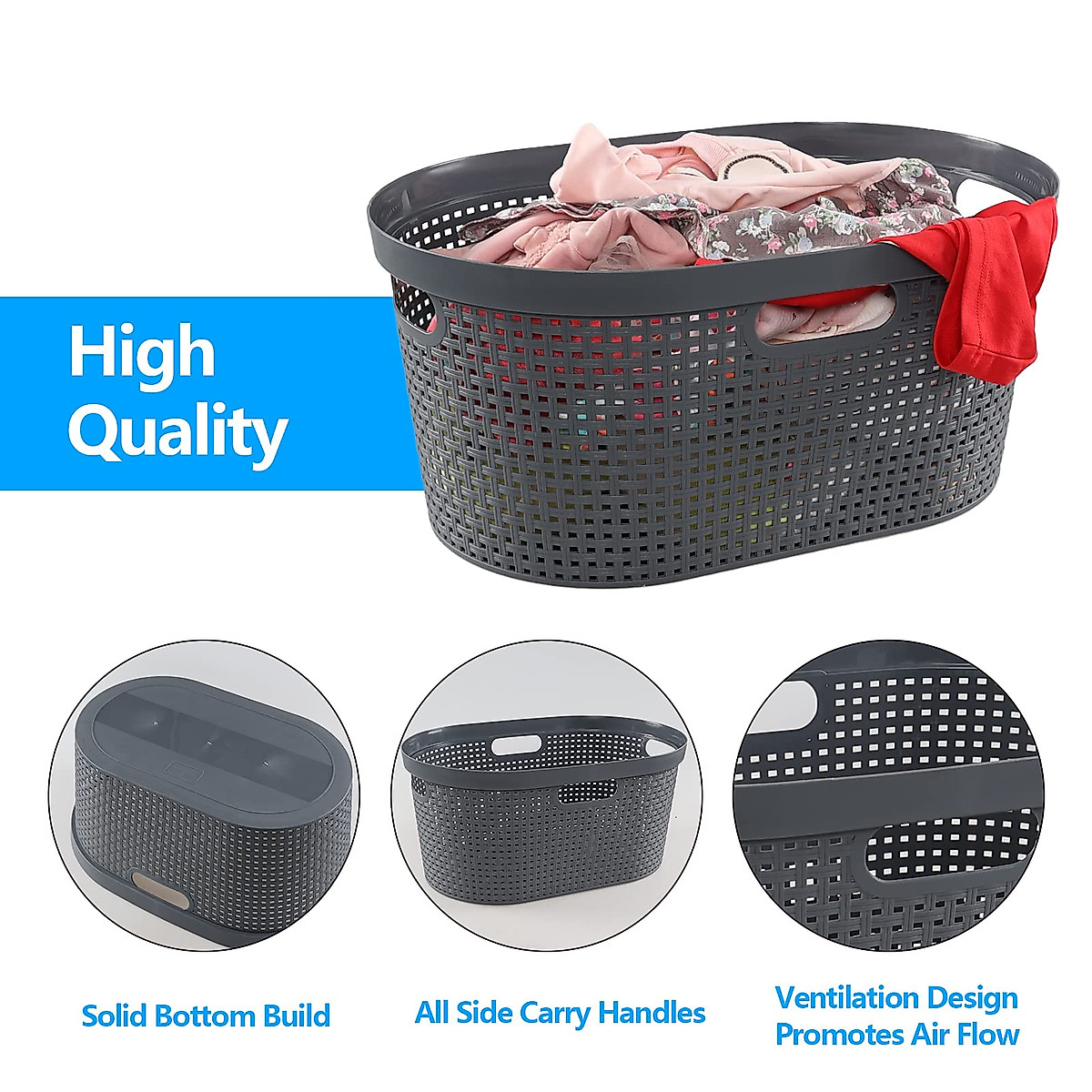 Wekioger 40 L Plastic Laundry Basket with Cutout Handles, 4 Packs, Large Clothes Hamper Storage Basket