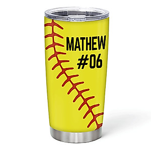 Hyturtle Personalized Softball Tumbler - Softball Print Custom Name And Number Stainless Steel Tumbler 20oz With Lid - Softball Gifts For Mom Women Men Fan Coach Sport Lovers Birthday Mother's Day