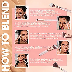 Pro Face Contour Brush Set - Synthetic Contouring Sculpting and Highlighting Kit - Cream Blush Powder Flat Nose Cheek Round Small Angled Fan Tapered Precision Kabuki Foundation Makeup Brushes