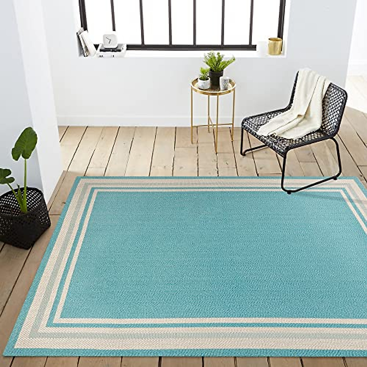JONATHAN Y SMB201B-5 James Modern Border Stripe Indoor Outdoor Farmhouse Transitional Area Rug,High Traffic,Kitchen,Living Room,Backyard,Non Shedding,5 X 8,Aqua/Beige