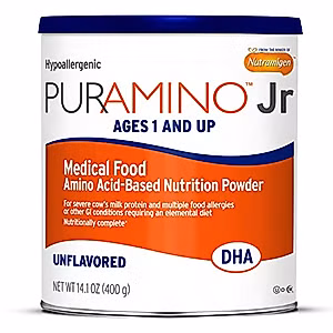 PurAmino Junior Hypoallergenic Toddler Drink, for Severe Food Allergies, Omega-3 DHA, Iron, Immune Support, Unflavored Powder Can, 14.1 Oz
