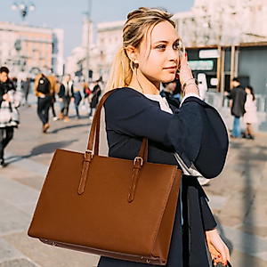 LOVEVOOK Laptop Bag for Women, 15.6 Inch Large Waterproof PU Leather Computer Tote Bag for Work Business Office Travel with USB Charging Port, Fashion Waterproof Shoulder Bag Handbag Purse, Brown