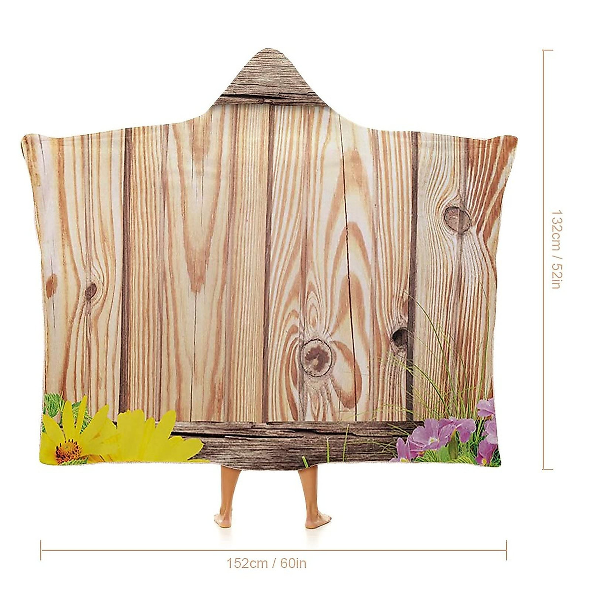 Warm Blanket, Wooden Wearable Hooded Blanket for Adults, Fence Garden Yard Summer Spring Daisy Flowers, Soft Warm Cozy, 60 x 80inches, Studying Reading Snuggling Napping Office, Brown Green Yellow