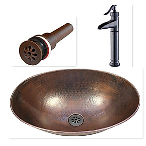 SimplyCopper 17" Oval Copper Vessel Bath Sink with 13" Waterfall Faucet and Daisy Drain Inlcuded