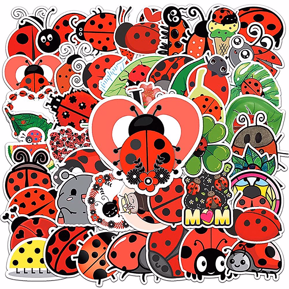 Ladybird Stickers |50Pcs Ladybug Waterproof Vinyl Decals for Bike Water Bottles Laptop Bicycle Refrigerator Cup Luggage Computer Mobile Phone Skateboard Décor