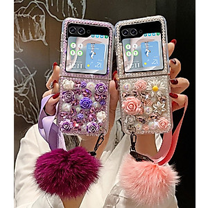for Samsung Galaxy Z Flip 5 Case,Samsung Flip 5 Case Cute Bling Diamond Girly Design,Galaxy Flip 5 Case 3D Handmade Pearl Rose Flower with Wrist Lanyard,Flip 5 Phone Case for Women Girls (Purple)
