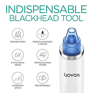 VOYOR Blackhead Remover Pore Vacuum - Electric Face Vacuum Pore Cleaner Acne White Heads Removal with 6 Suction Heads (BR410)