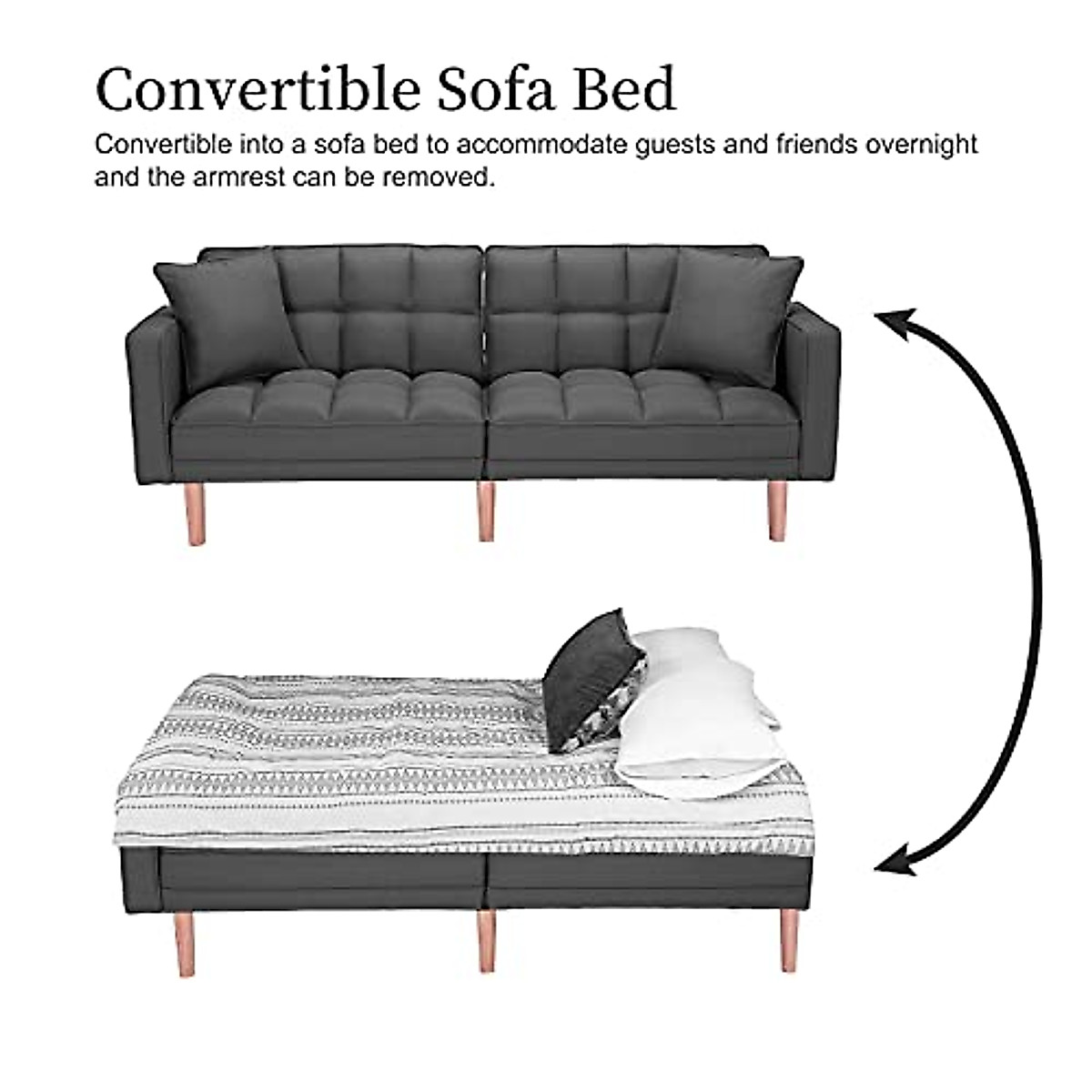 QSSLLC Futon Sofa Bed Convertible Loveseat, Sleeper Sofa with 2 Pillows and Solid Wood Legs, 76 inchL Sofa Couch for Compact Living Space, Apartment, Dorm - Dark Gray