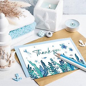 JarThenaAMCS 24 Set Under the Sea Thank You Cards with Envelopes and Stickers Blue Seaweed Sea Turtles Fish Greeting Cards for Birthday Wedding Baby Shower, 4 x 6 Inch