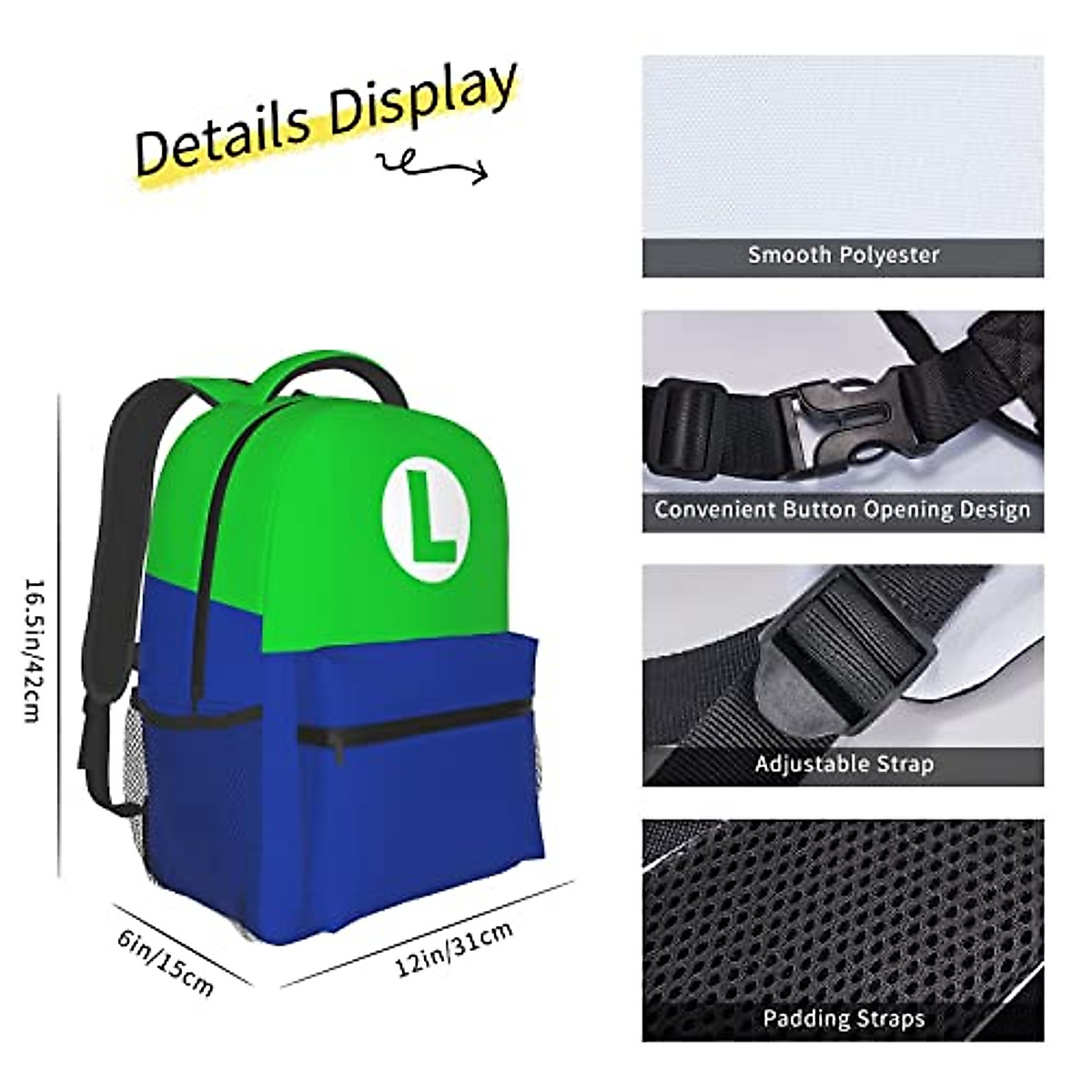 Plumber Game Backpack For Youth (16.5 In), Teeng Shcool Bags Travel Backpack, Classic Lightweight Bookbag, Green and Blue 2