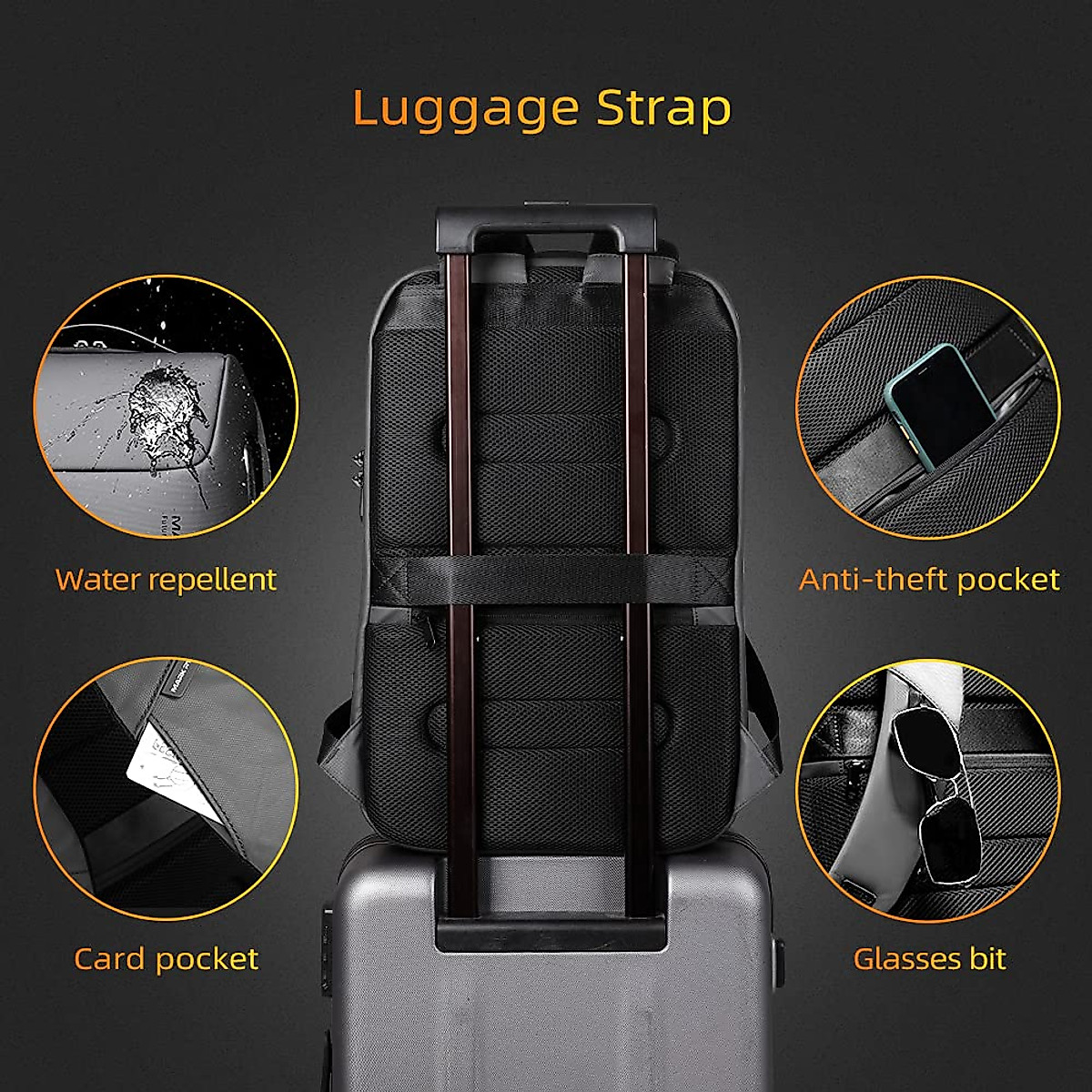 Anti-Theft Backpack,MARK RYDEN Business Waterproof Backpack For Men College Travel Flight with USB Port Charging ＆TSA Lock Fits For 15.6 Inch Laptop,Black