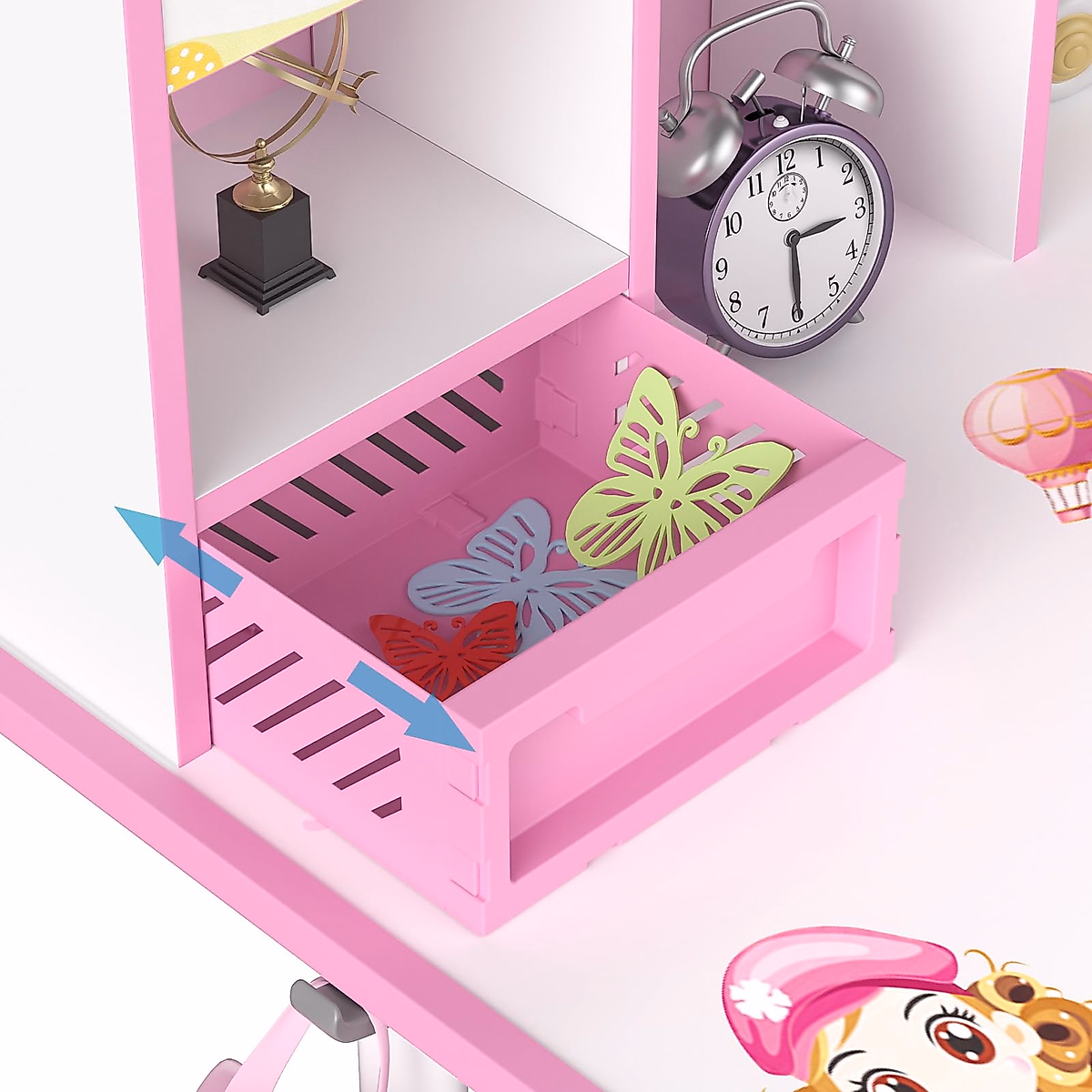 Kids Study Table and Chair Set, 2Pcs/Set Ergonomic Desk Chair with Book Stand, Height Adjustable Children School Study Table Chair Set with Sitting Corrector, Foot Pedal Partition Design (Pink)