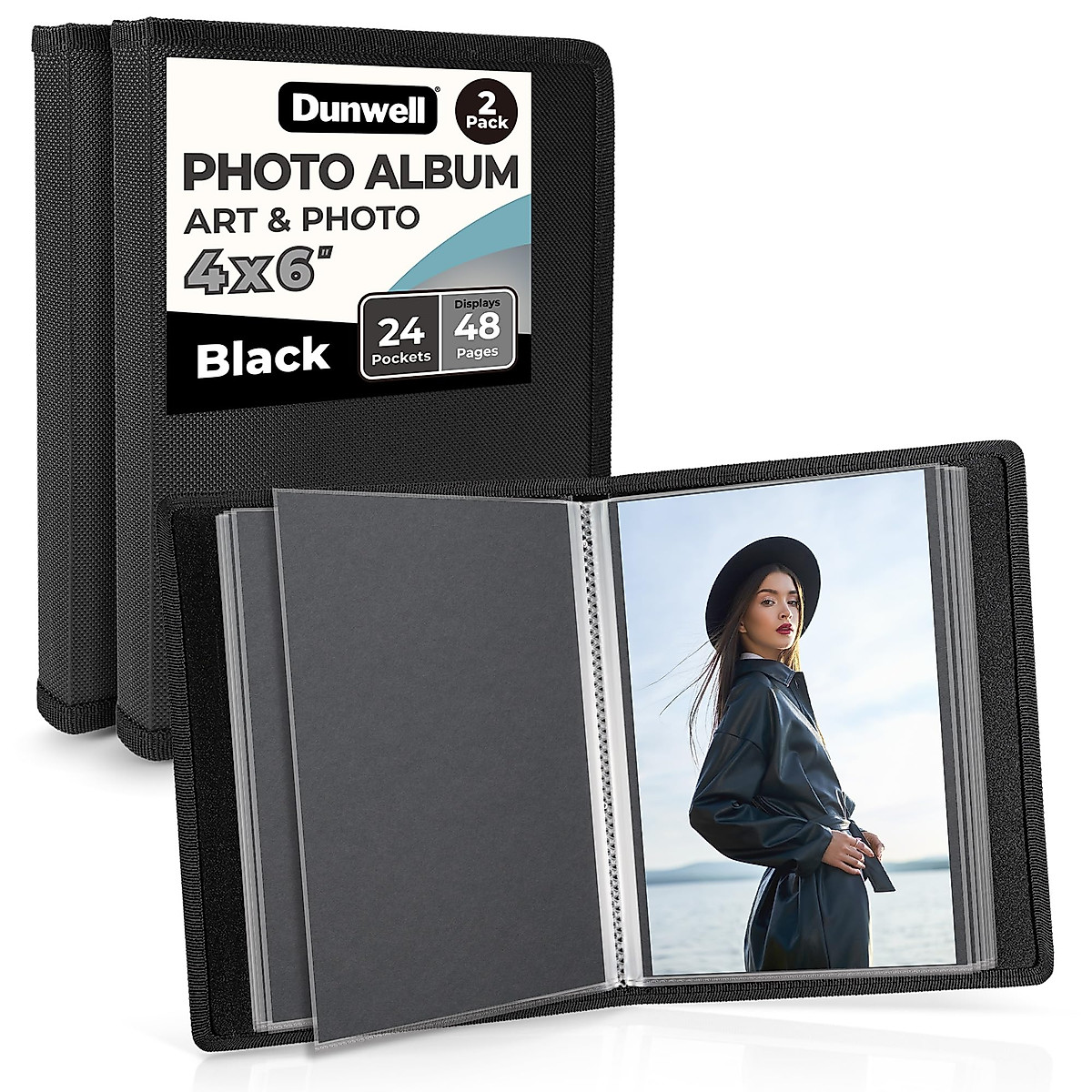 Dunwell Small Photo Albums 4x6 - (2 Pack, Black), Flexible Cover, Portfolio Binder with 24 Sleeves, Holds 48 6x4 Photos, Artwork or Postcards, Mini Picture Brag Books