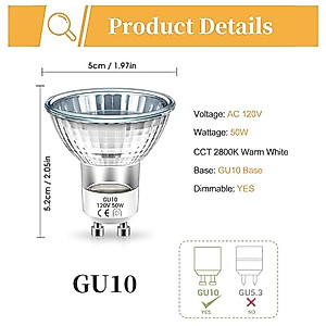 DORESshop GU10 Bulb, Halogen 120V 50W, Dimmable, GU10 Light Bulb for Track&Recessed Lighting, Gu10 Base Bulb, 50W, Warm White,3 Pack